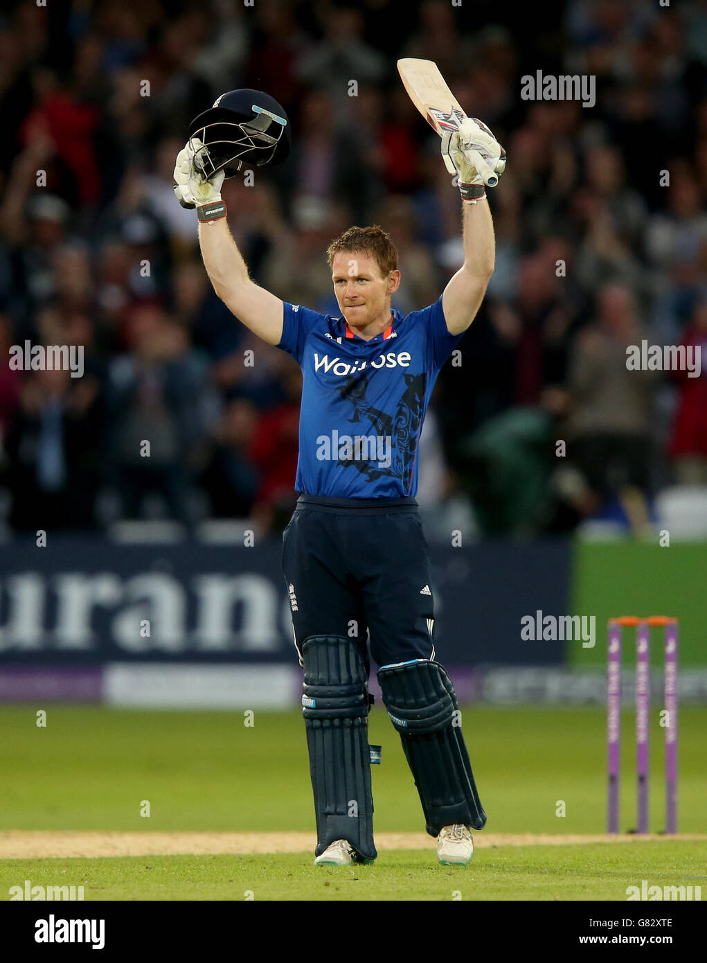 Englands eoin morgan celebrates reaching his century hi-res stock ...