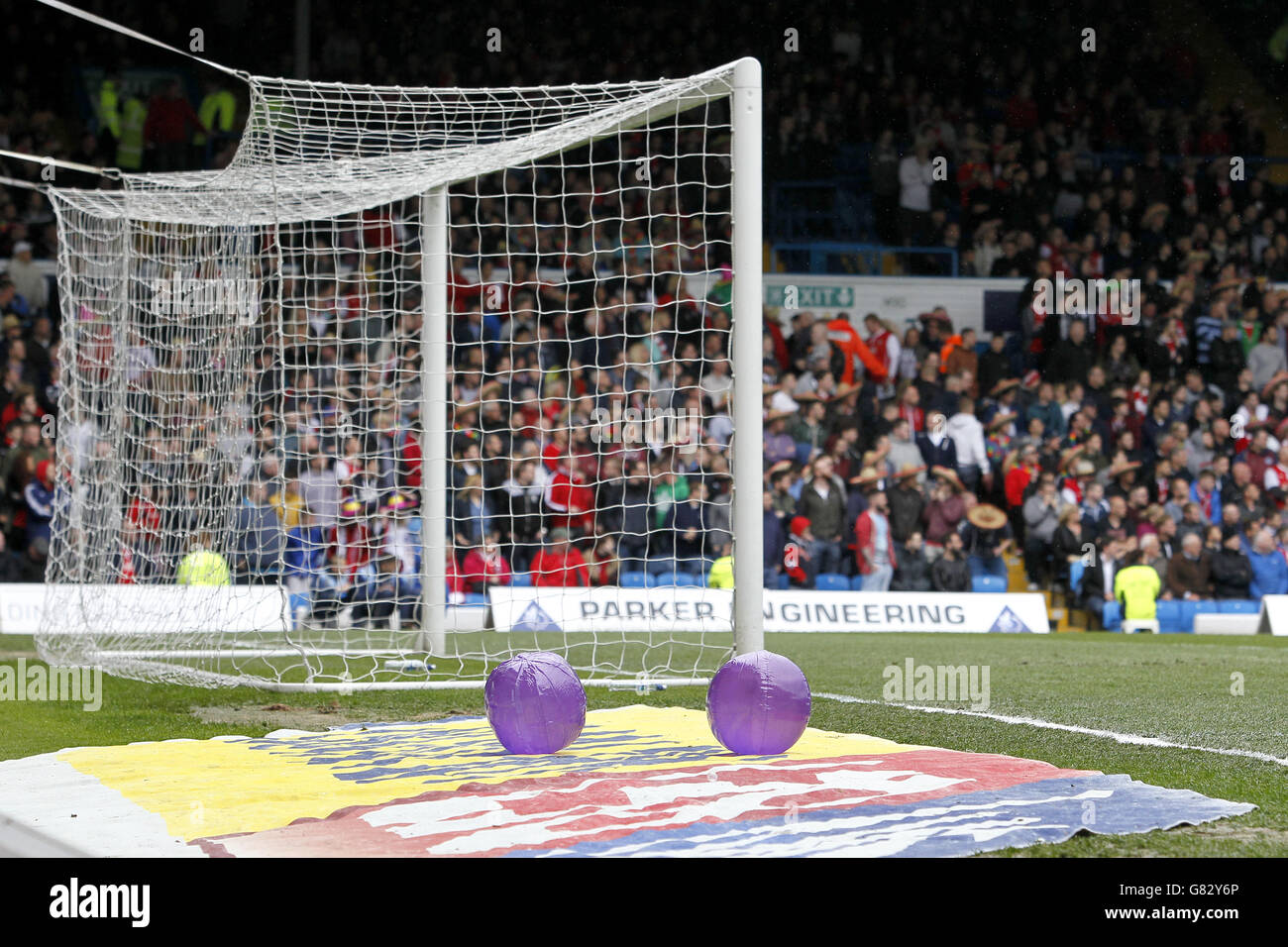 A general view of inflatable beach balls on the floor at a football ...