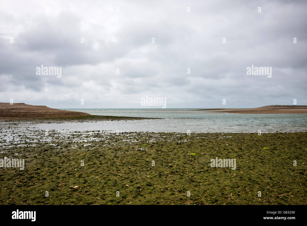 The shingle spit at the entrance to Pagham harbour near Chichester ...