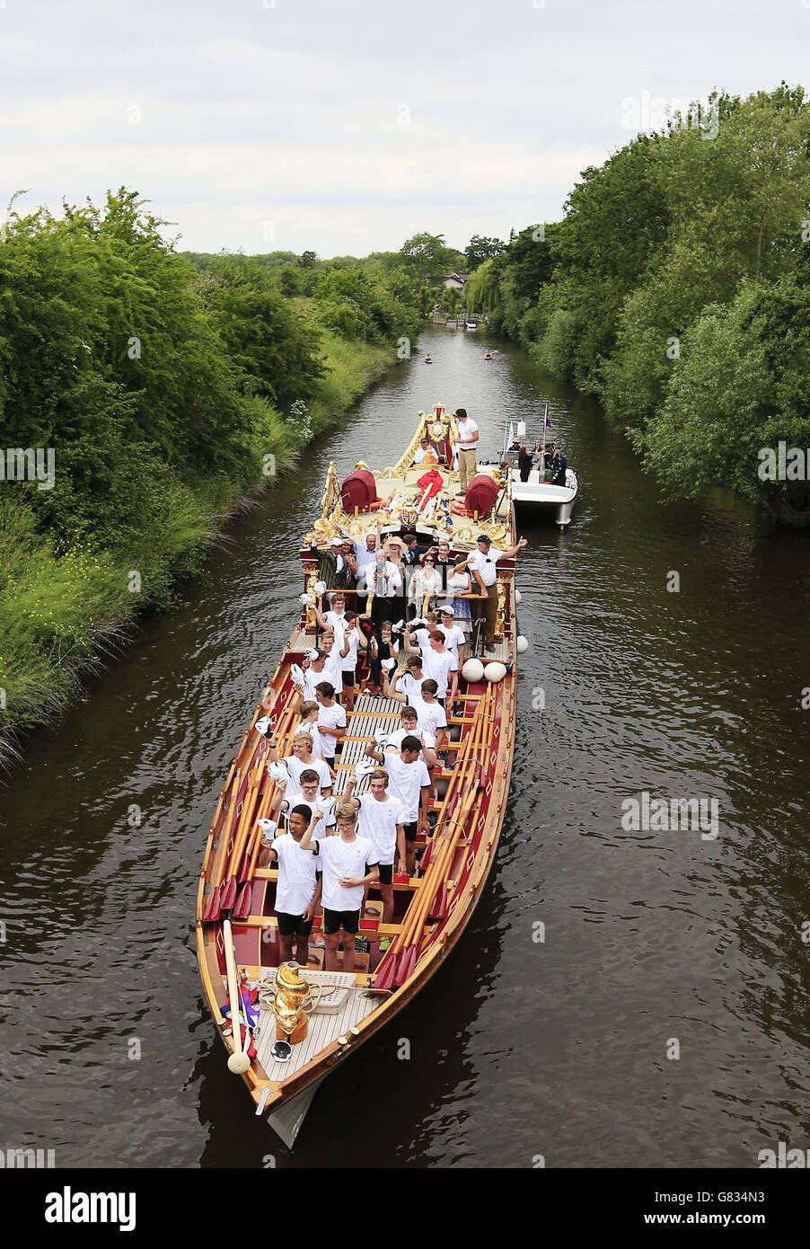 The Royal Barge Gloriana on the River Thames passes through Old Windsor ...