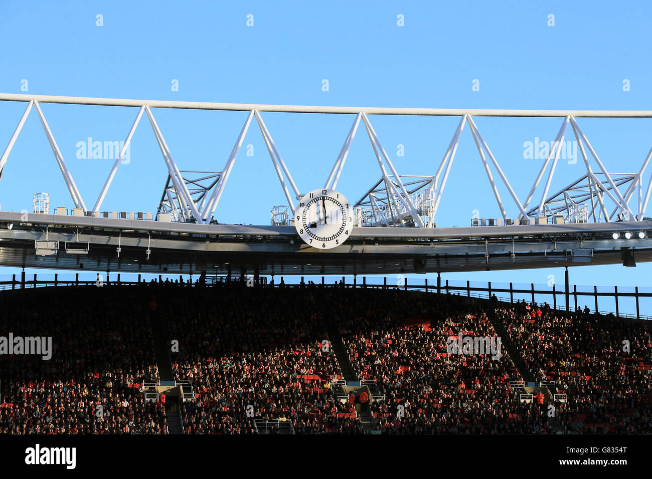 A general view of the clock striking eight at the Emirates Stadium ...