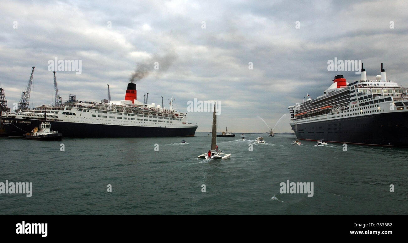 The flagship of the British merchant fleet, Queen Mary 2 (right) is ...