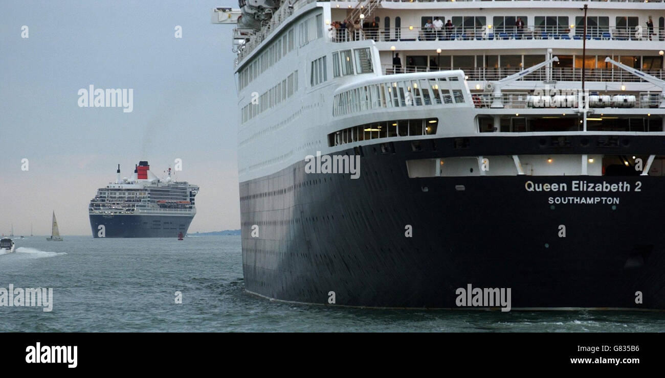 Queen Mary 2 and QE2 - home port. The flagship of the British merchant ...