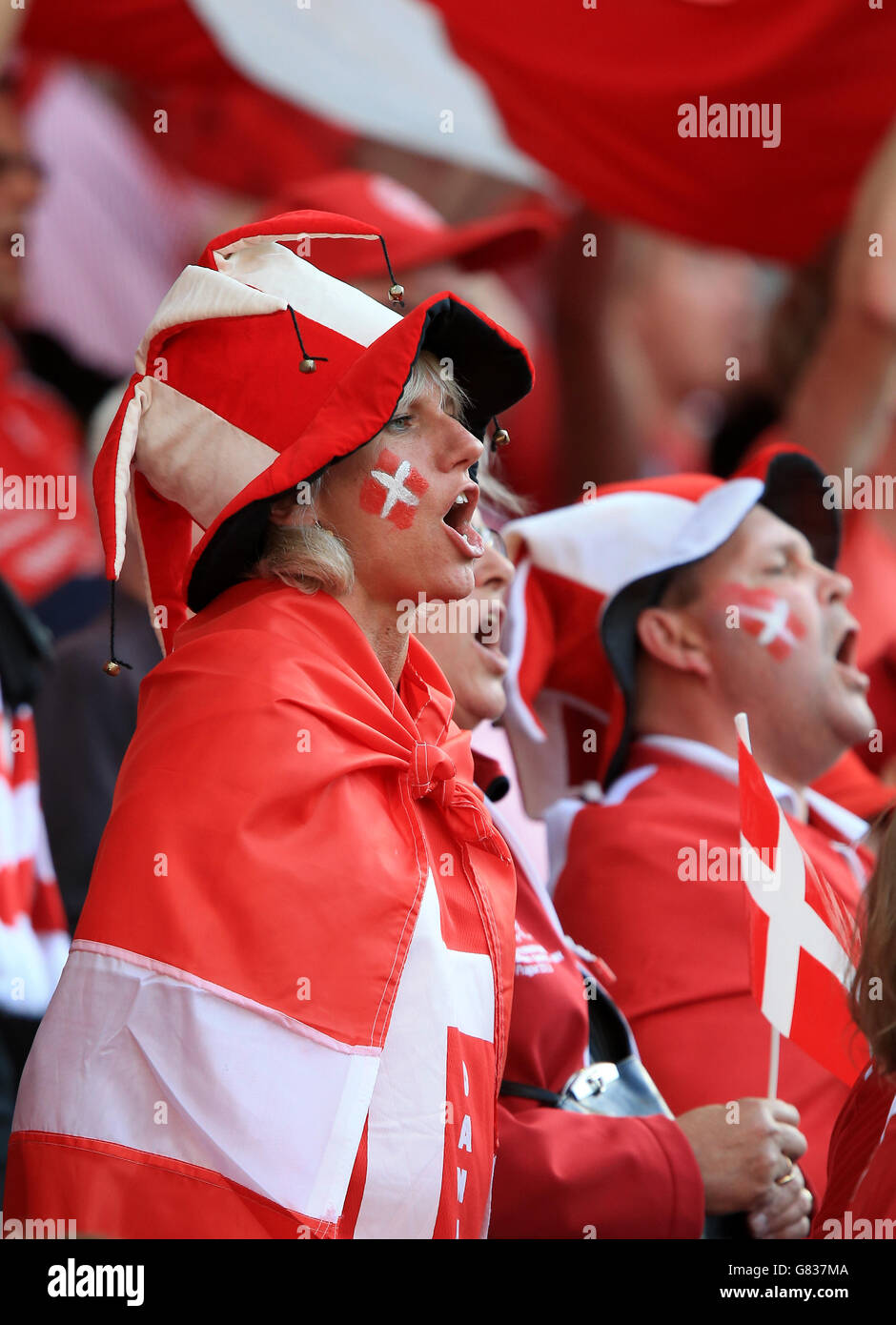 Denmark fans show support for their team in the stands hi-res stock ...