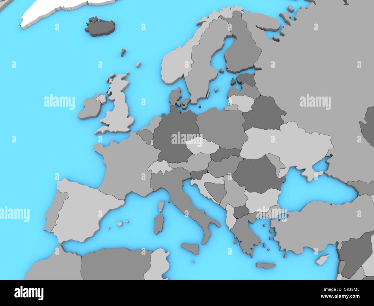 Map of Europe. 3D illustration with countries in various shades of grey ...