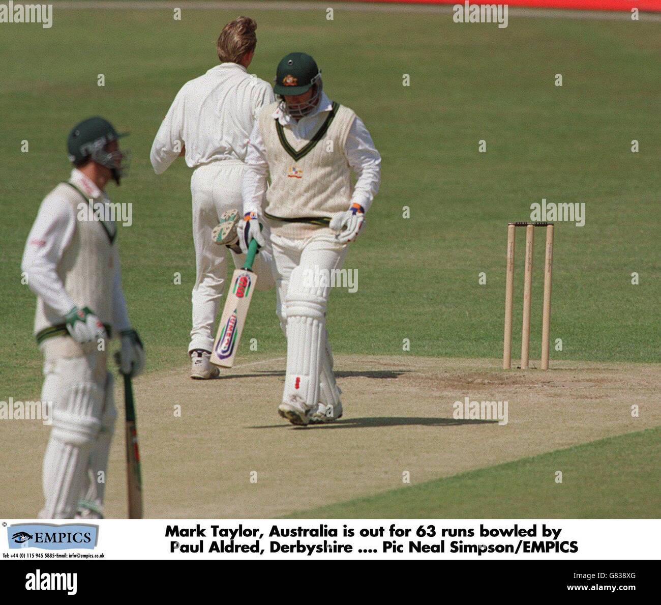 Mark Taylor, Australia is out for 63 runs bowled by Aldred, Derbyshire ...