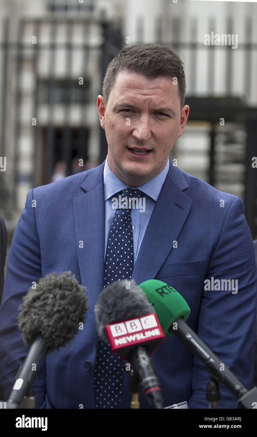 John Finucane, son of Pat Finucane speaking with media outside Belfast ...