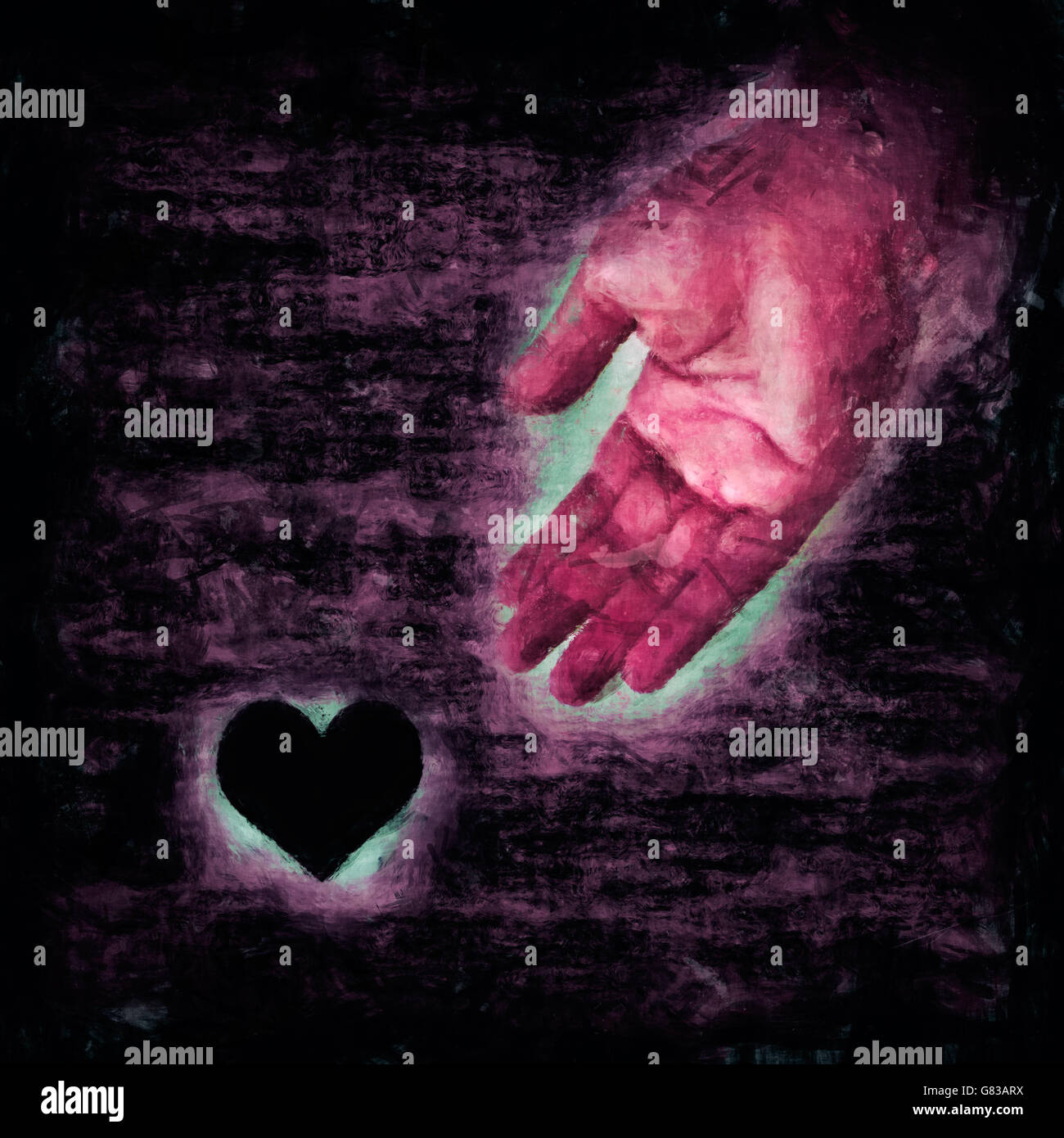 Illustration of a hand that helps a lonely, sad heart Stock Photo - Alamy
