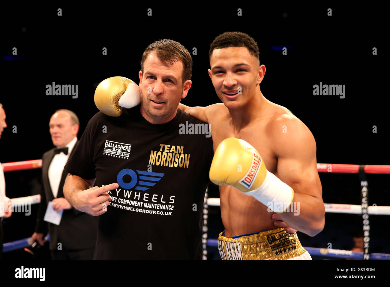 Marcus Morrison celebrates his victory in the Light Middleweight bout ...