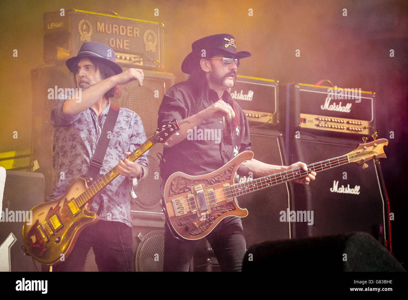 Motorhead performing on the Pyramid Stage at the Glastonbury Festival ...