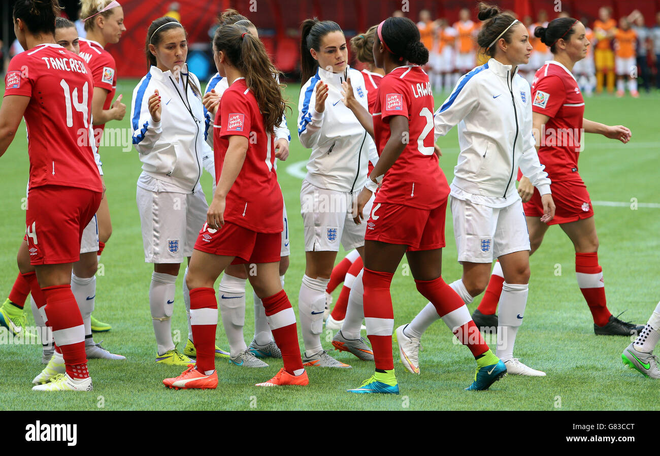 England's Fara Williams, Claire Rafferty and Jodie Taylor shake hands ...