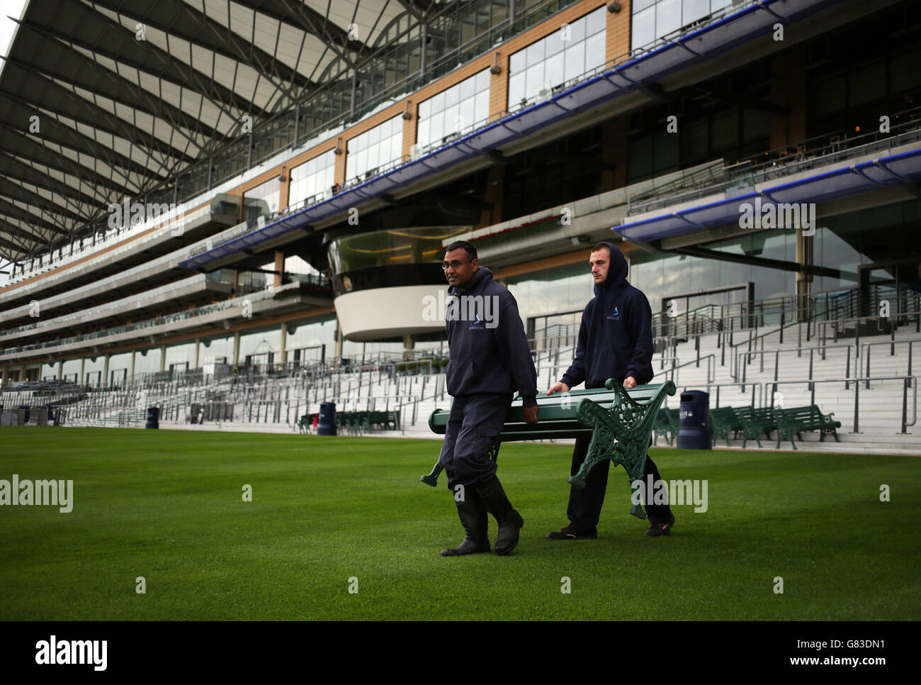 Ground staff put out the famous benches in the Royal Enclosure during ...