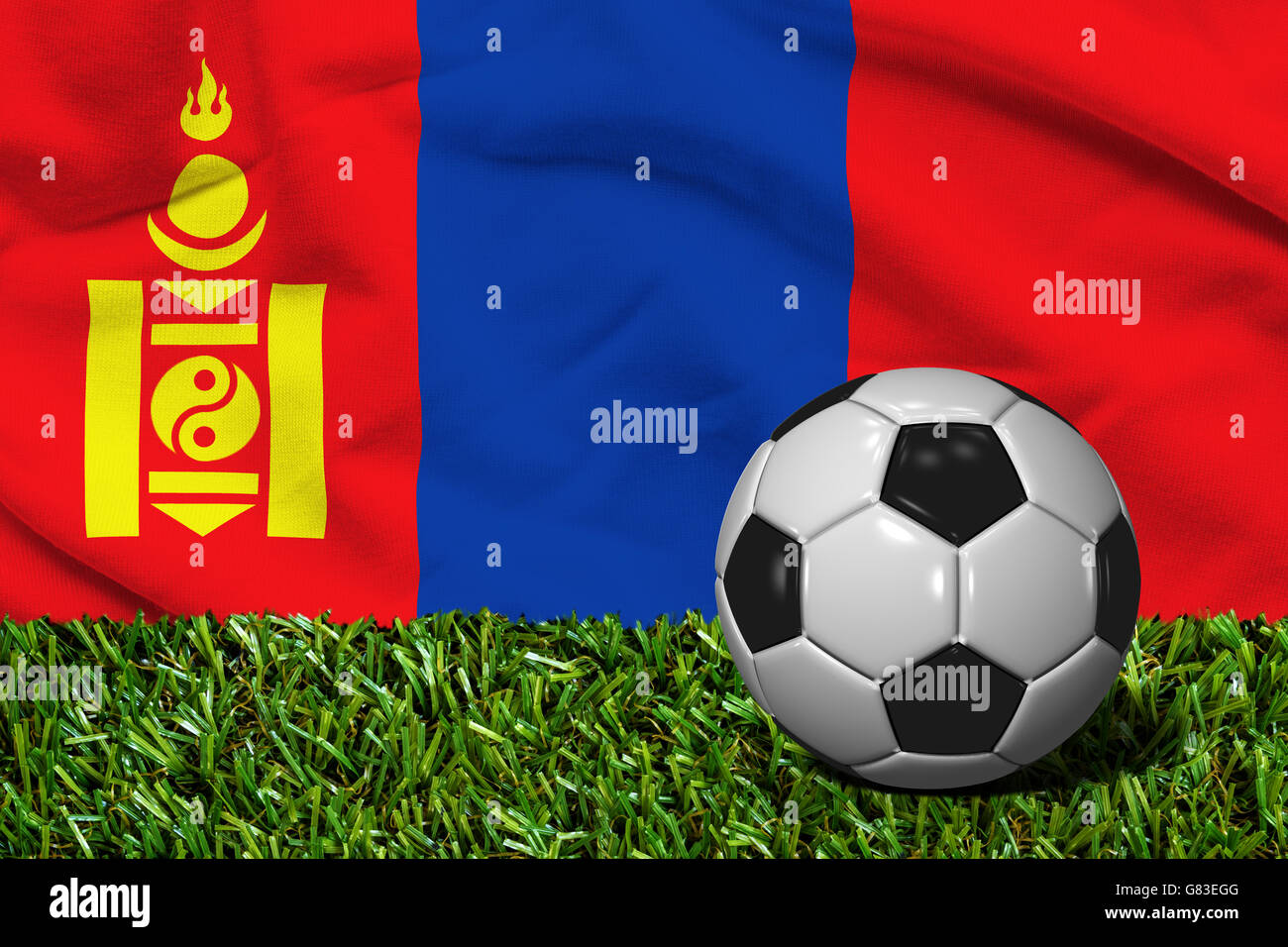 3D rendered soccer ball in grass field with Mongolia flag as Background ...