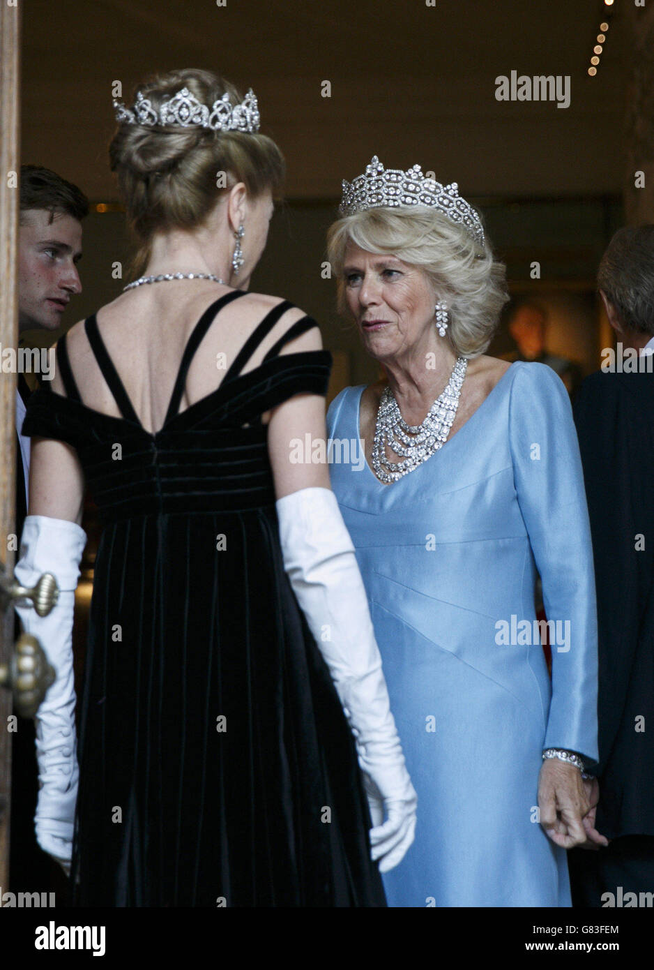 The Duchess of Cornwall is greeted by the Duchess of Wellington (left ...