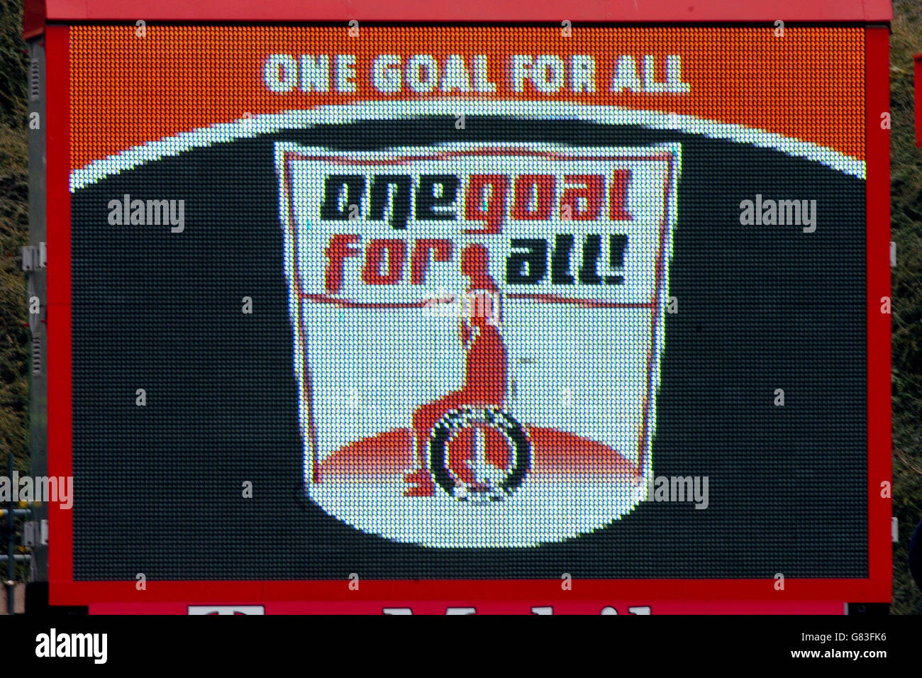 The 'One Goal for All' logo on the scoreboard at the Valley Stock Photo ...