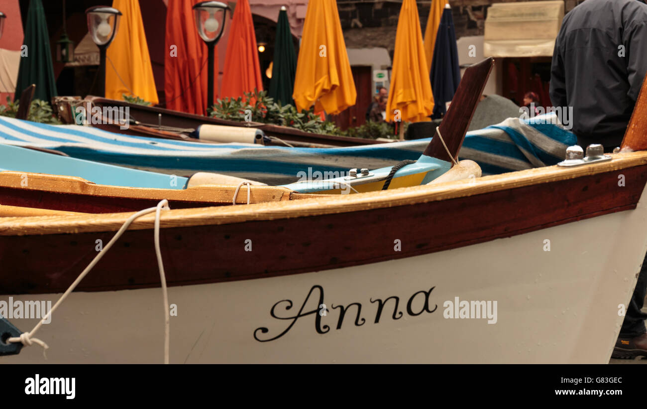 Boats in a row named Anna italy vernazza harbour harbor Stock Photo - Alamy