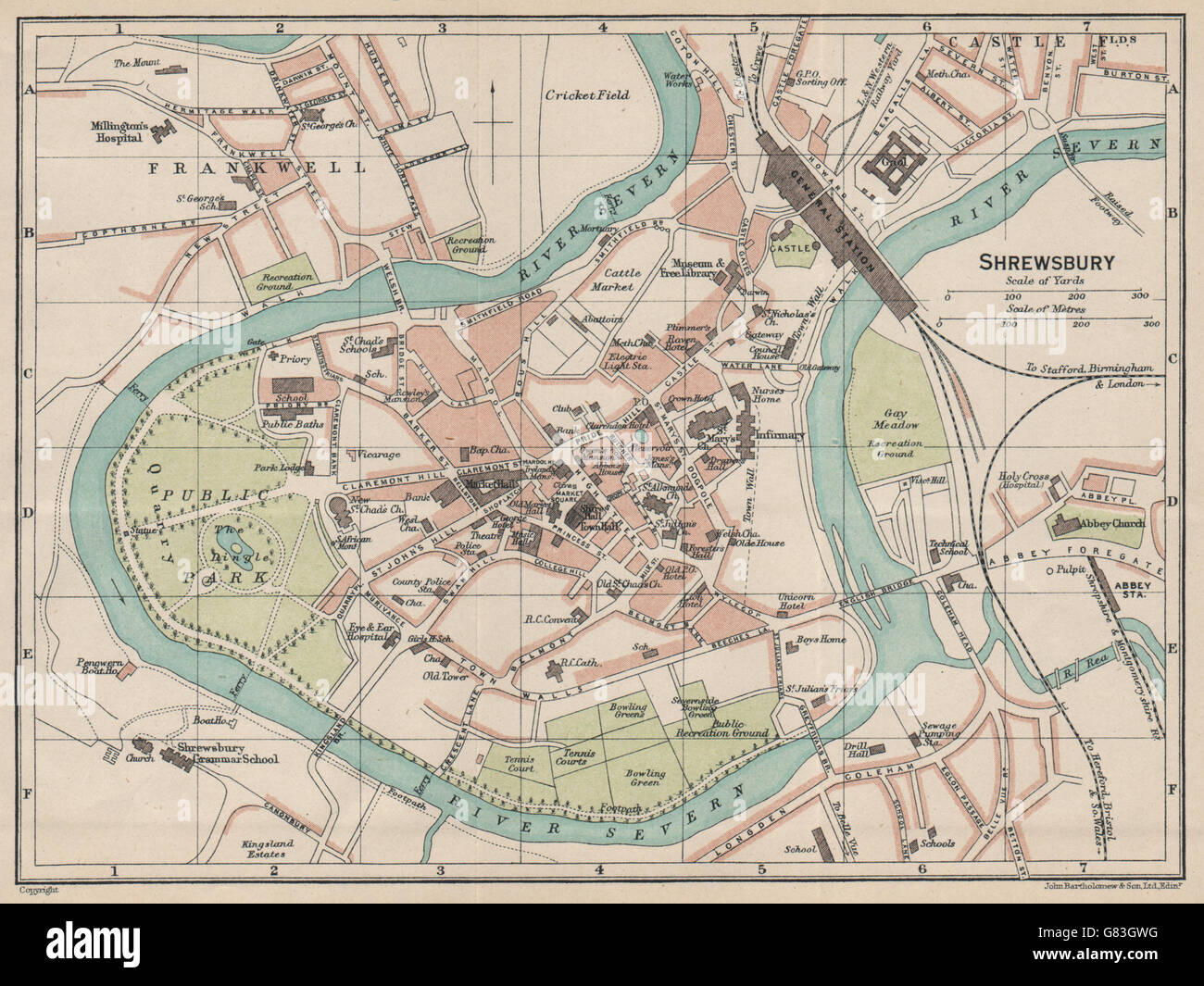 SHREWSBURY. Vintage town city map plan. Shropshire, 1922 Stock Photo ...