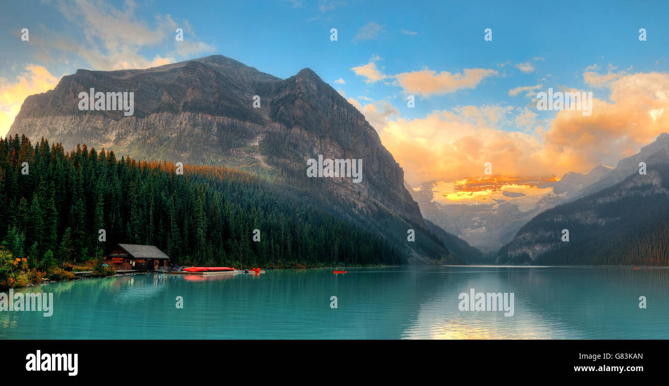 Banff national park Lake Louise sunrise panorama with mountains and ...
