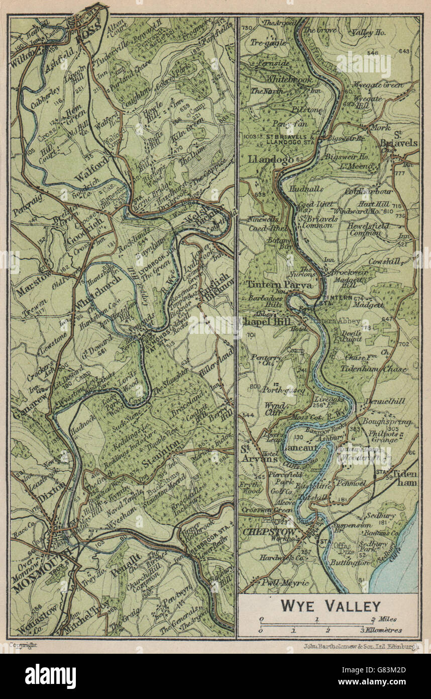 WYE VALLEY. Vintage map plan. Ross-on-Wye Monmouth Chepstow Tintern ...