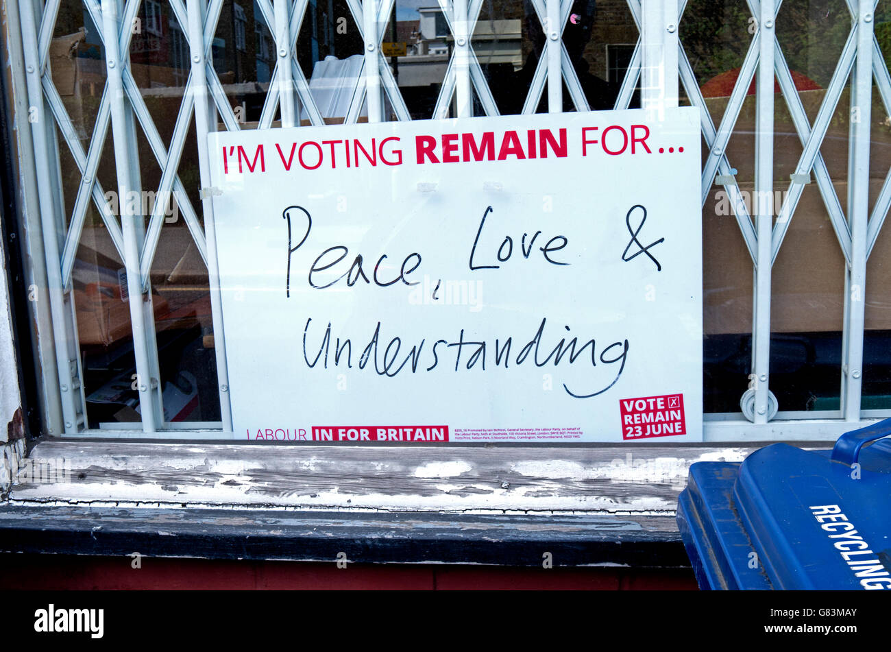 Sign in the window of Labour Party HQ in Church Lane, East Finchley ...