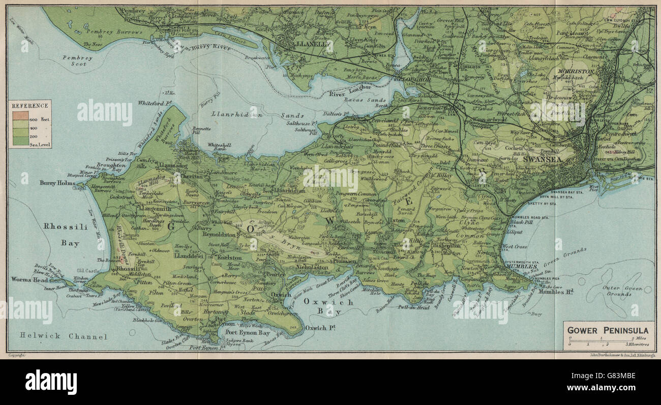 GOWER PENINSULA. Vintage map plan. Swansea Llanelly Mumbles. Wales ...