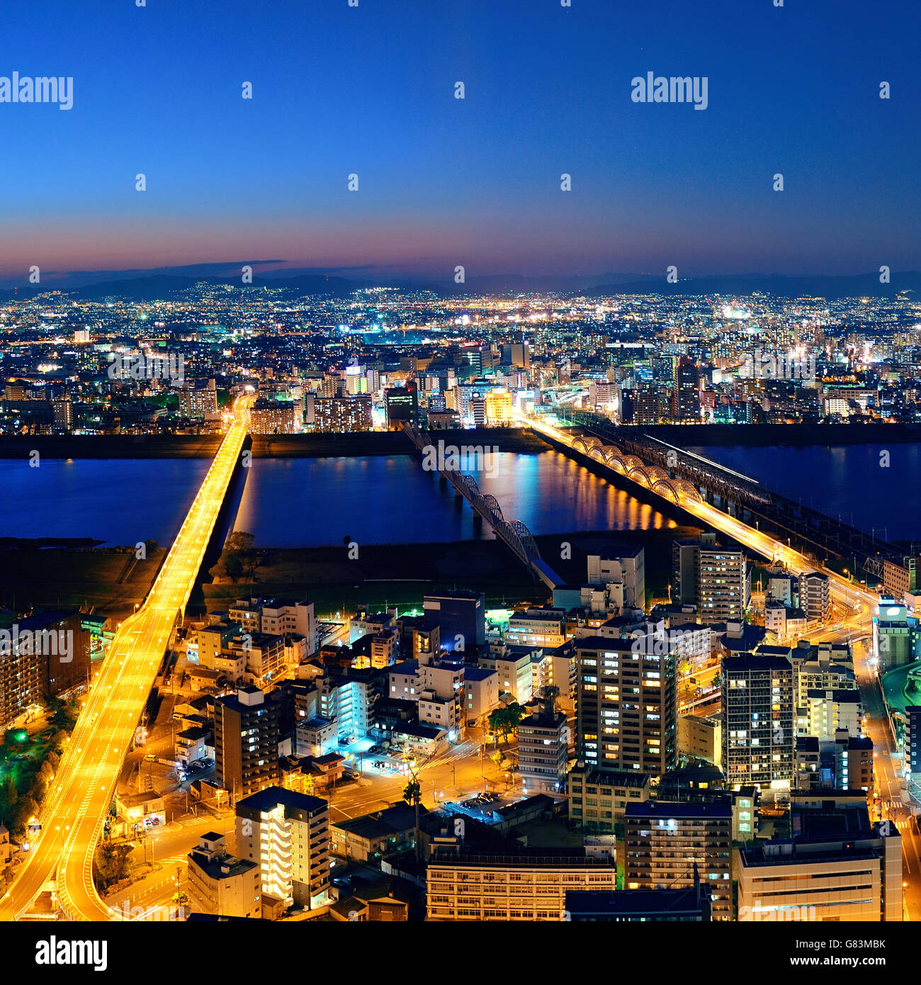 Osaka urban city at night rooftop view. Japan Stock Photo - Alamy