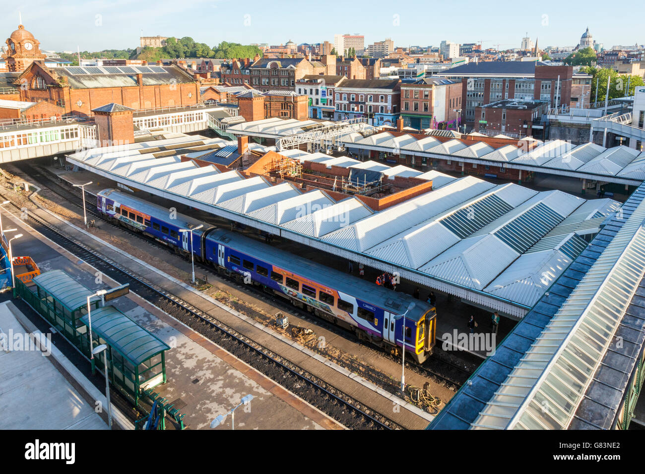 Nottingham Railway Station with a train at a platform seen from above ...
