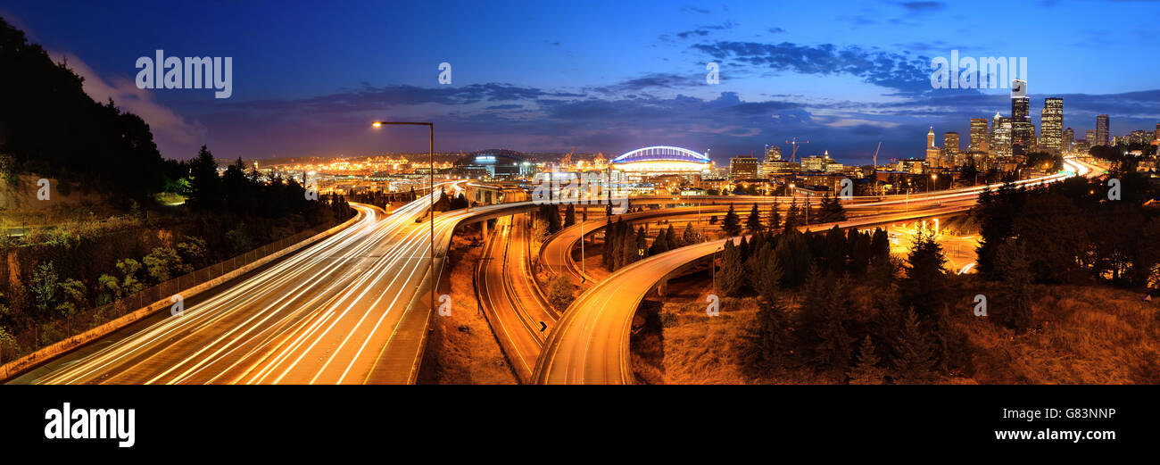 Seattle city view with urban architecture and traffic light trail Stock ...