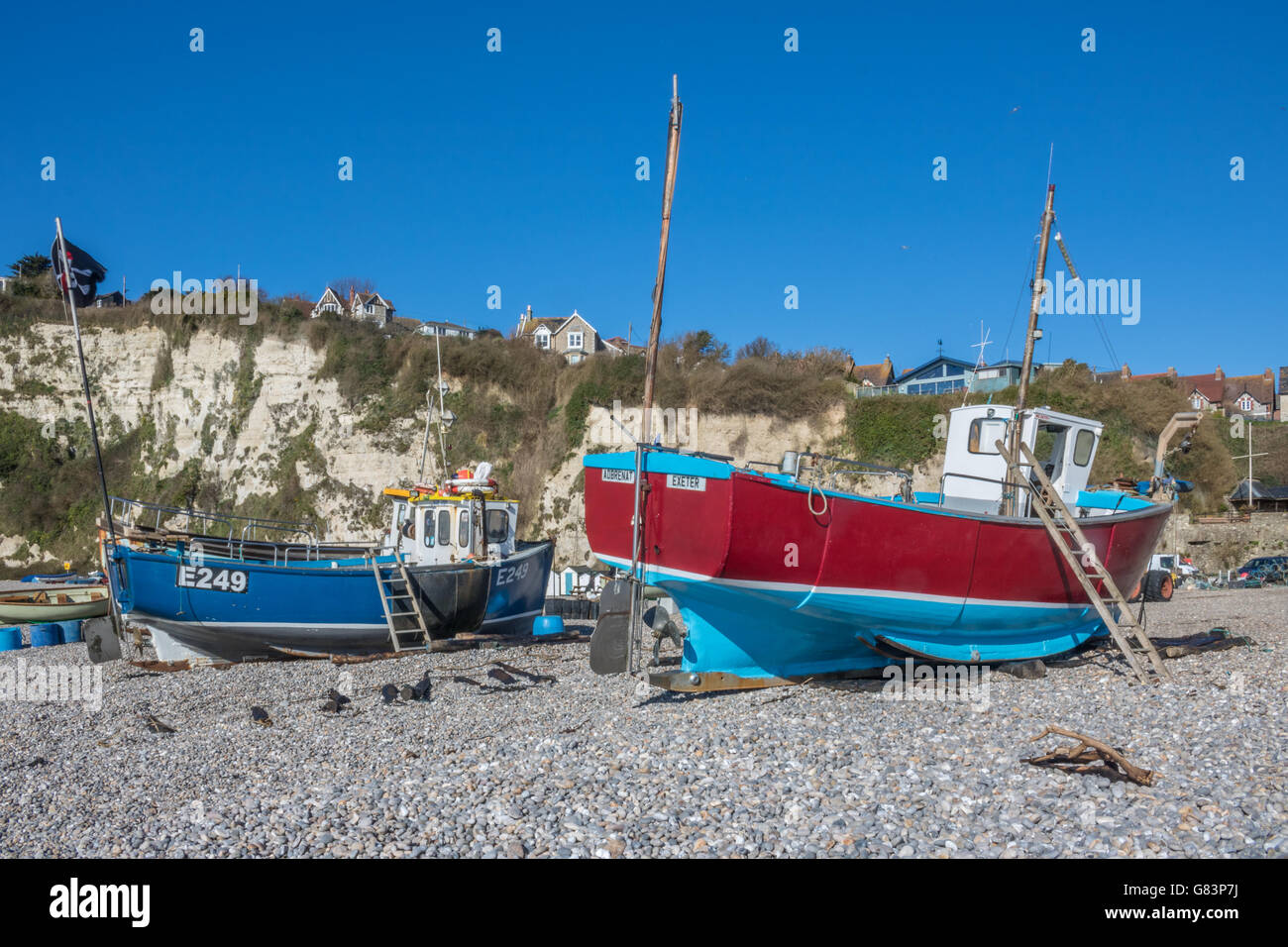 England Devon Beer Fishing boats on the beach Adrian Baker Stock Photo ...