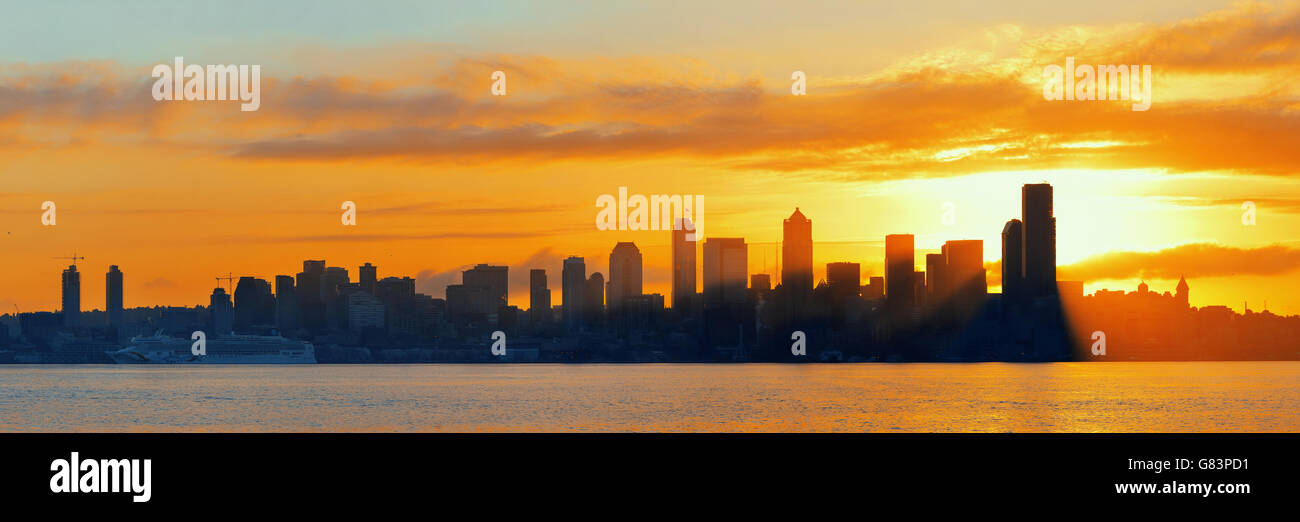 Seattle sunrise skyline silhouette view with urban office buildings ...
