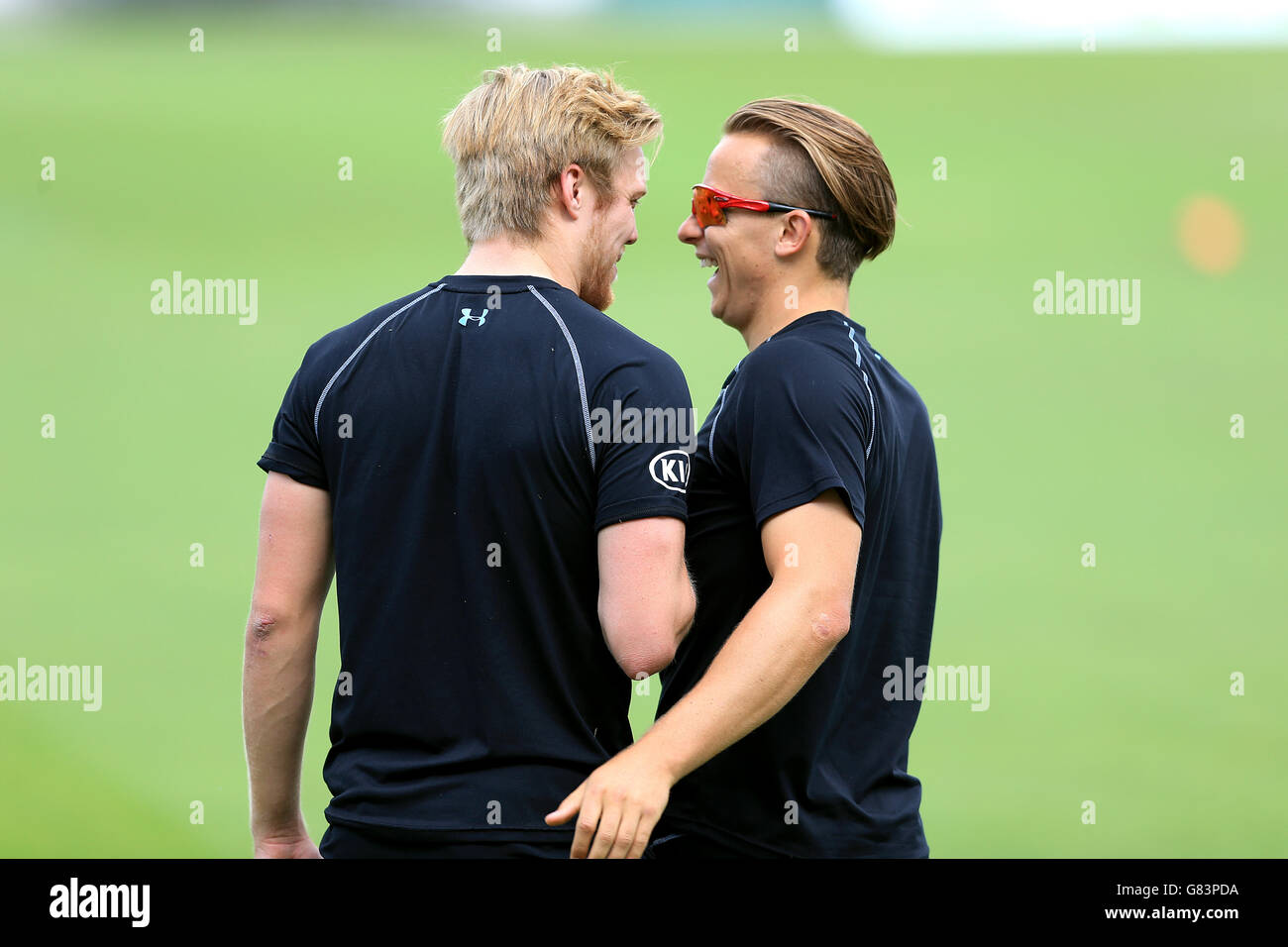 Surrey's Matthew Dunne and Tom Curran are all smiles prior to the game ...