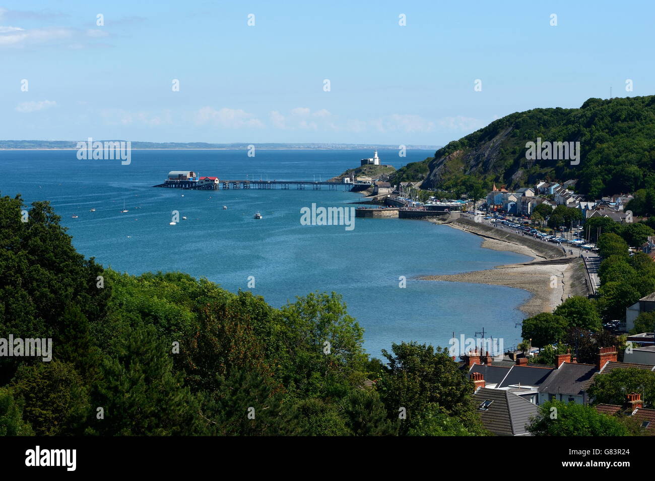 Mumbles at high tide with bay and village, lighthouse and lifeboat ...