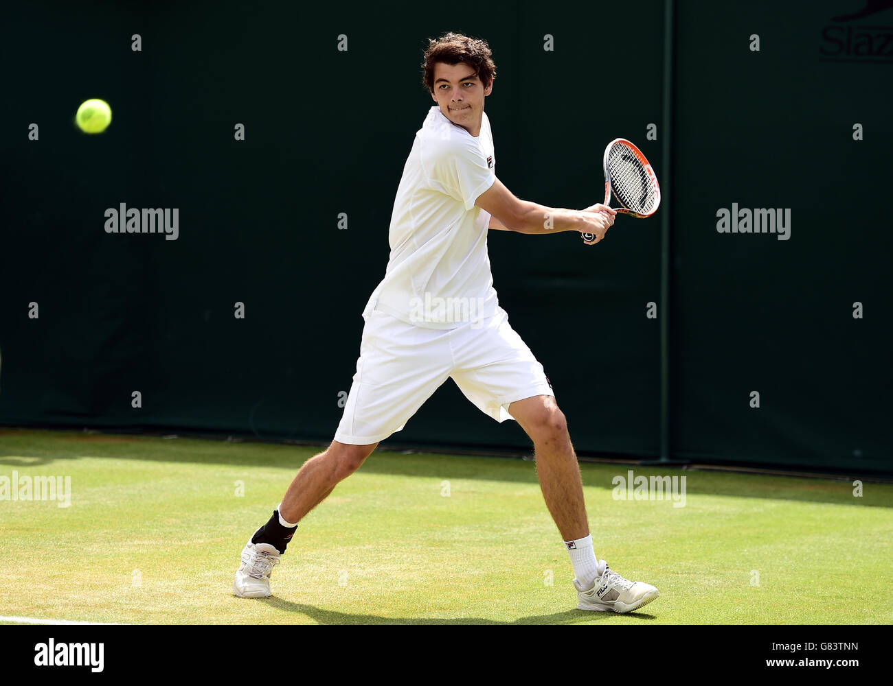 Taylor Fritz in action during day Seven of the Wimbledon Championships ...