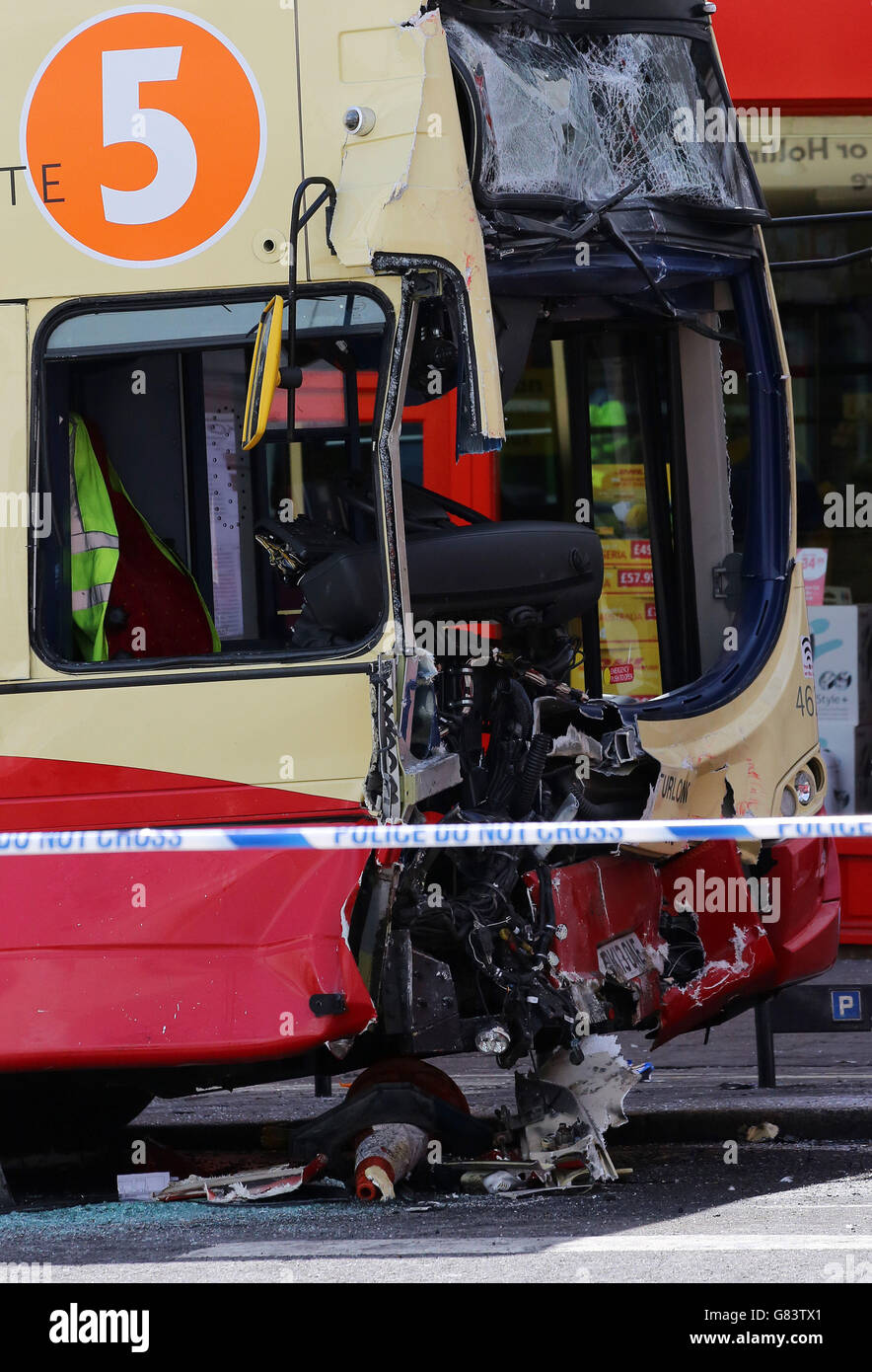 One of the buses involved in a bus crash in Brighton, East Sussex ...