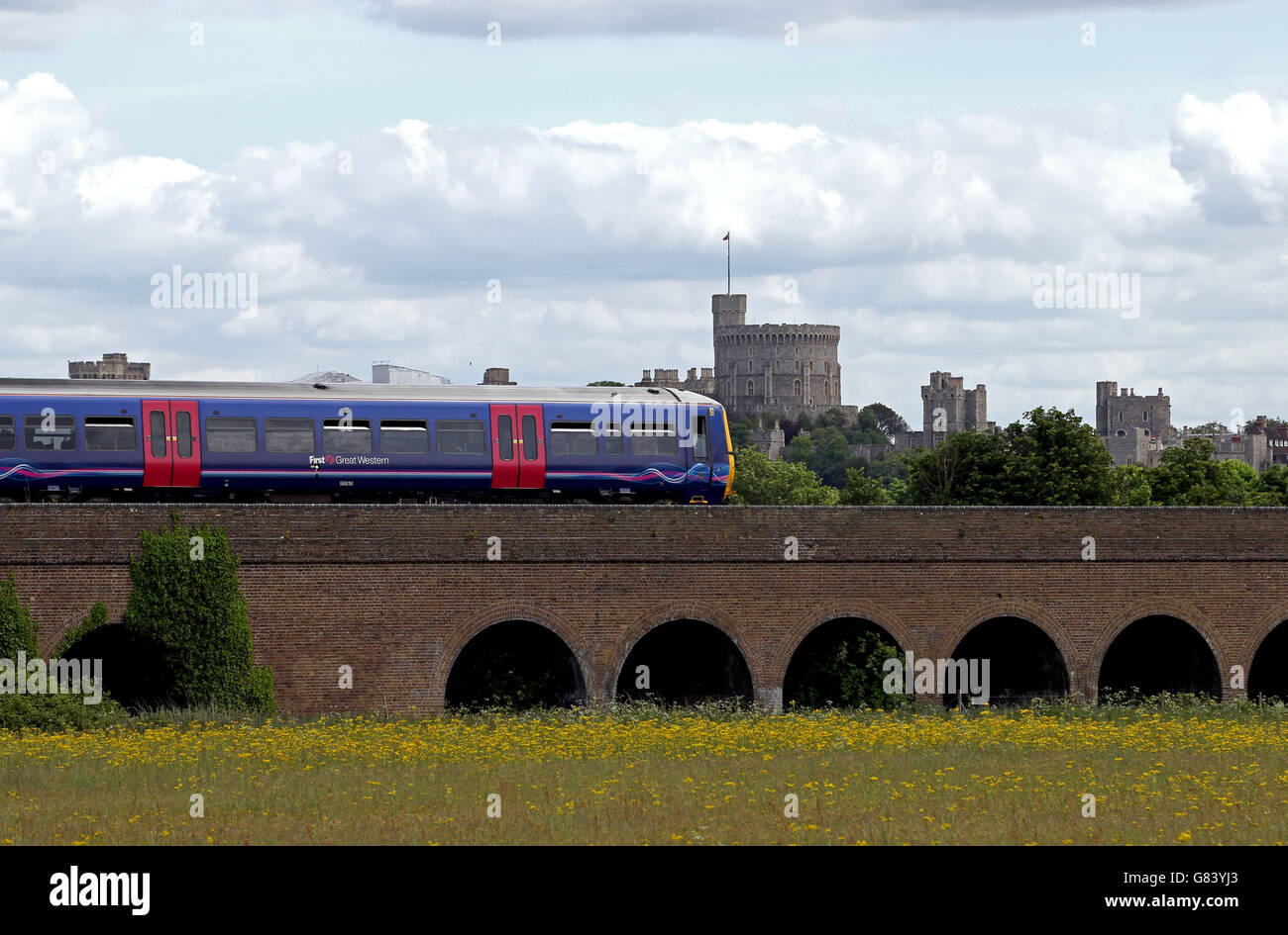 A general picture of a First Great Western train near Windsor Castle ...