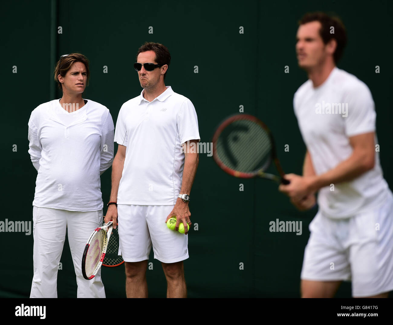 Andy Murray's coach Amelie Mauresmo and Jonas Bjorkman look on during a ...