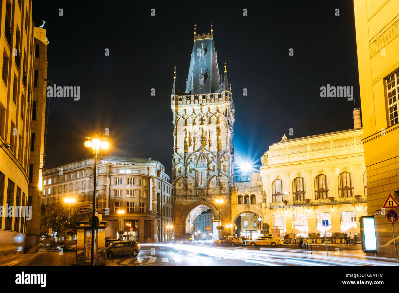 Night View Of The Powder Tower Or Powder Gate. This Landmark Is A Gothic Tower In Prague, Czech ...