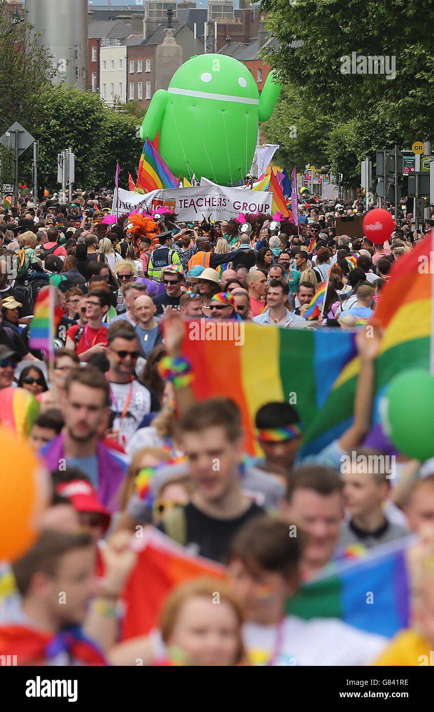 The Google Android mascot is carried on O'Connell Street in Dublin as ...