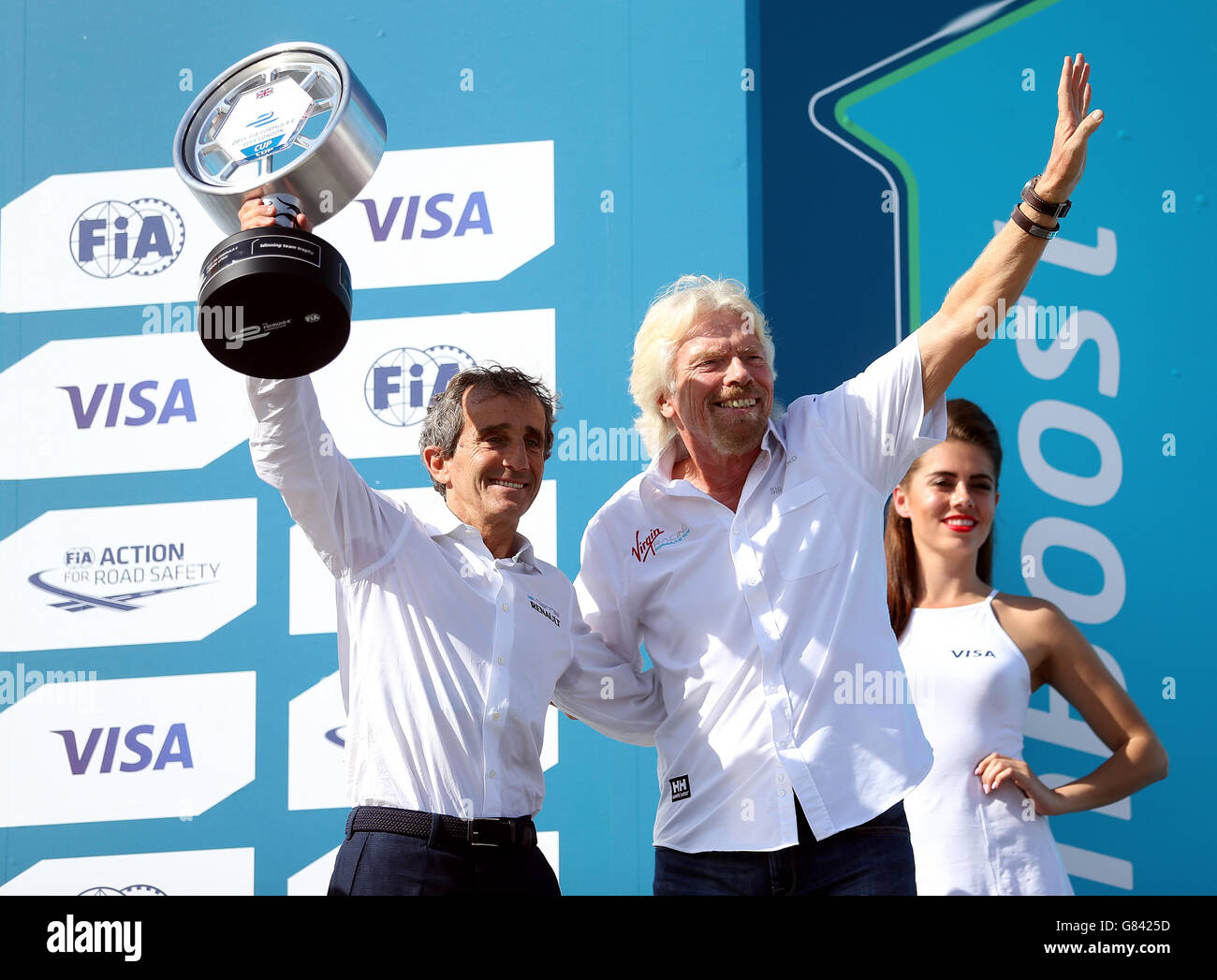 Renault representative Alain Prost with Sir Richard Branson after ...