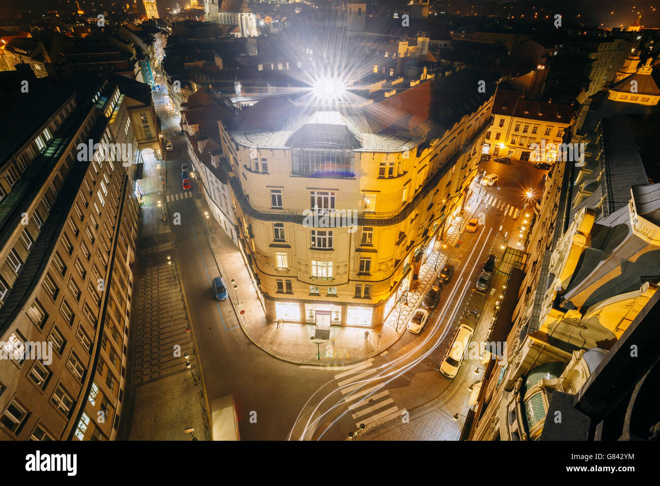 Night view of building of the Czech Industrial Bank in Prague, Czech ...