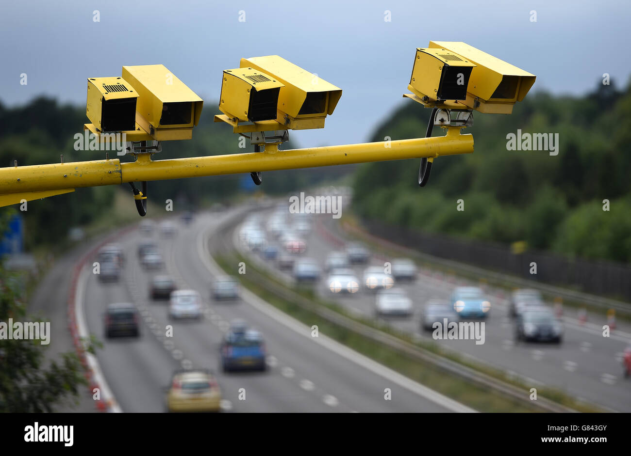 General view of three SPECS Average Speed cameras in position on the M3 ...