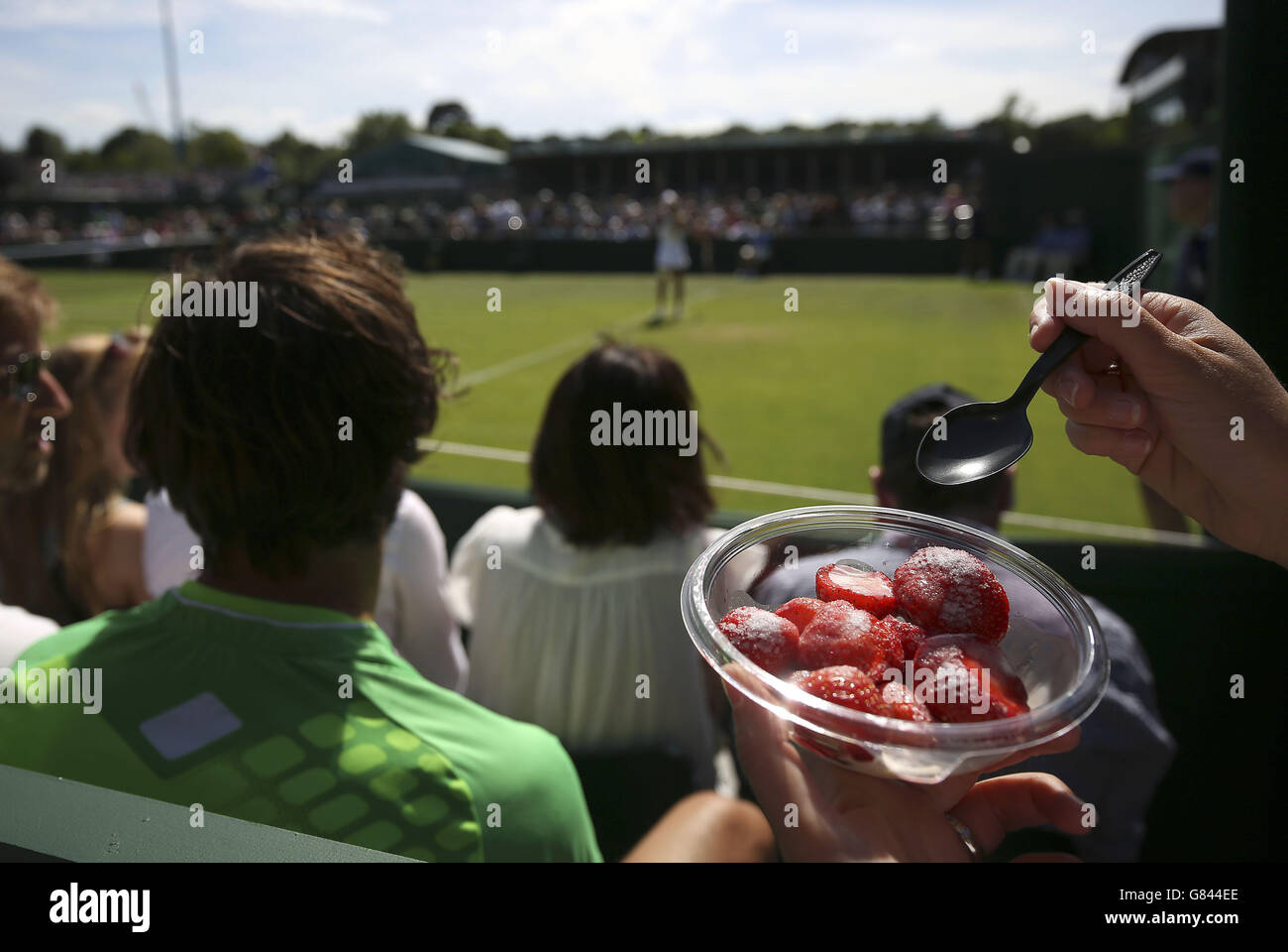 A spectator eating strawberries and cream during day one of the ...