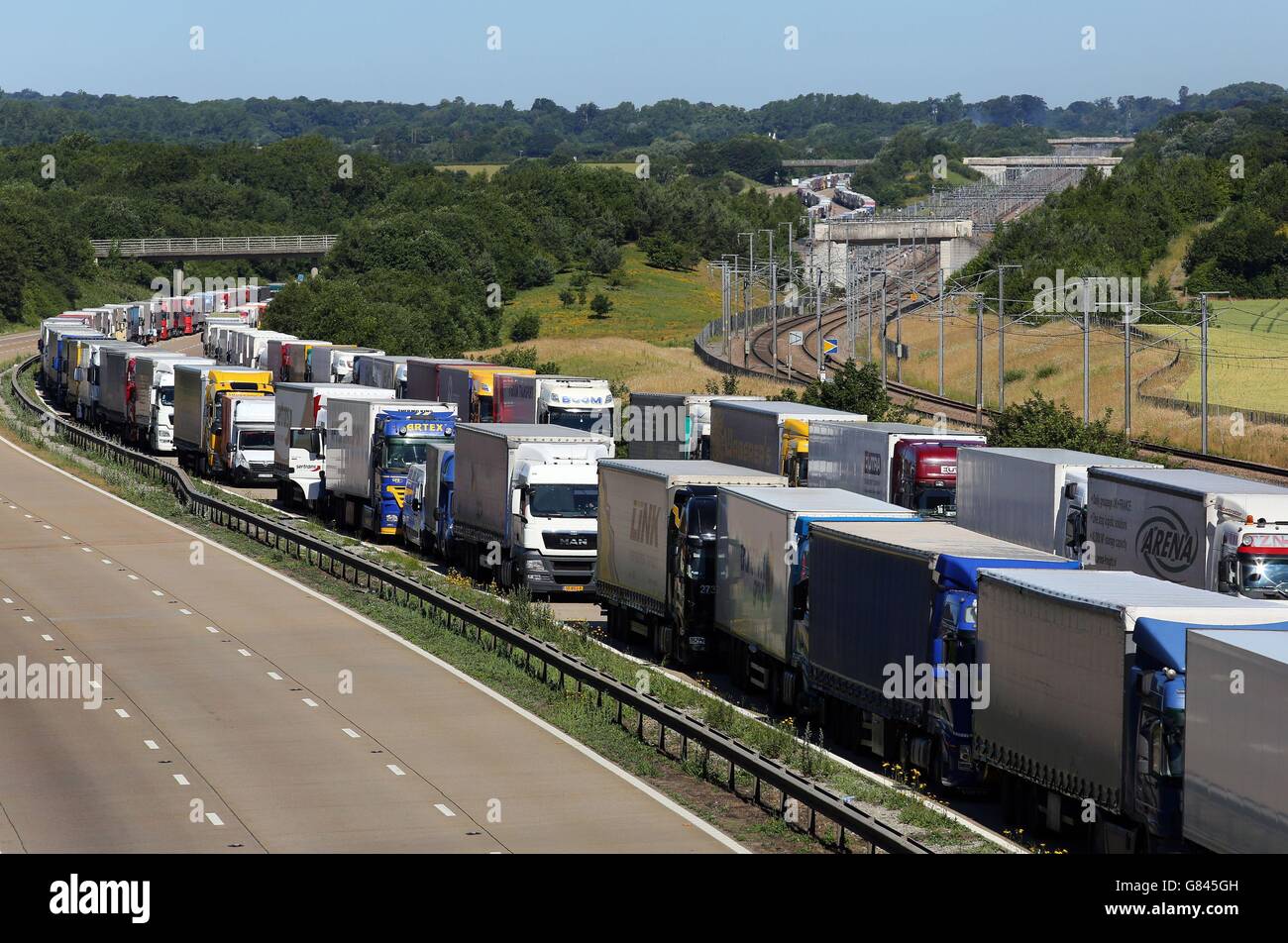 Lorries parked on the M20 near Charing in Kent as Operation Stack ...