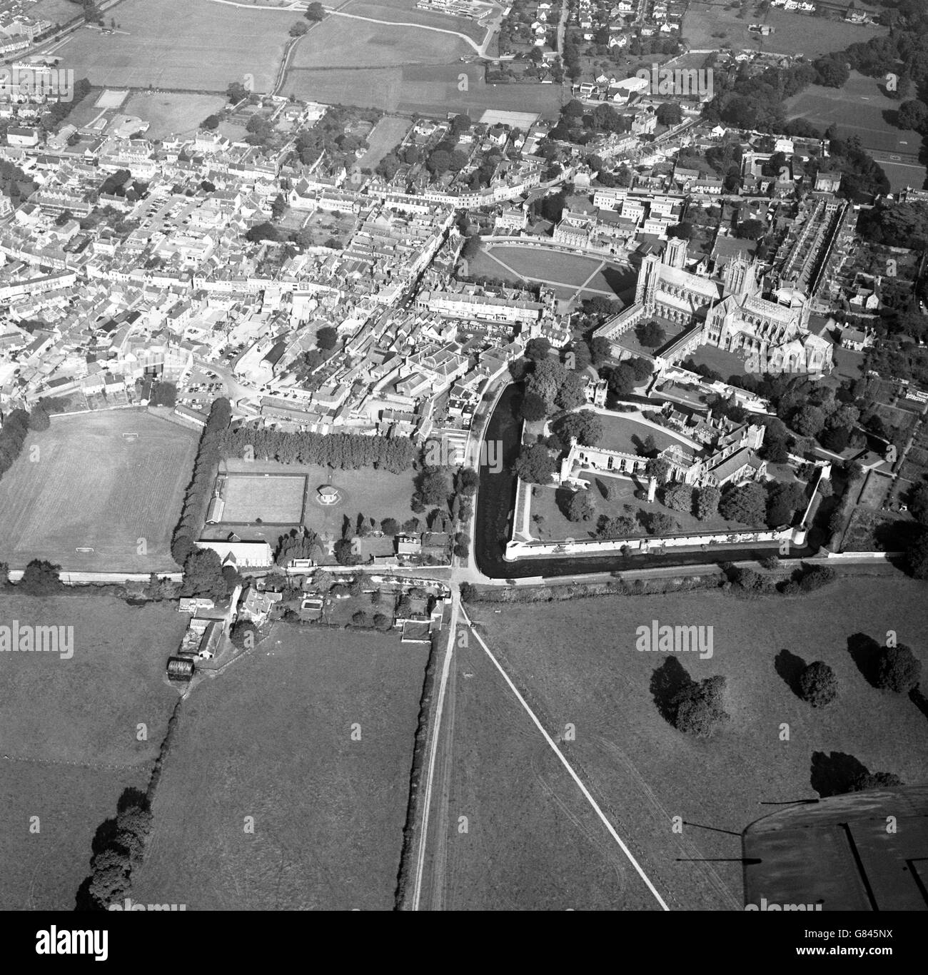 An aerial view of Wells in Somerset. On the right is Wells Cathedral ...
