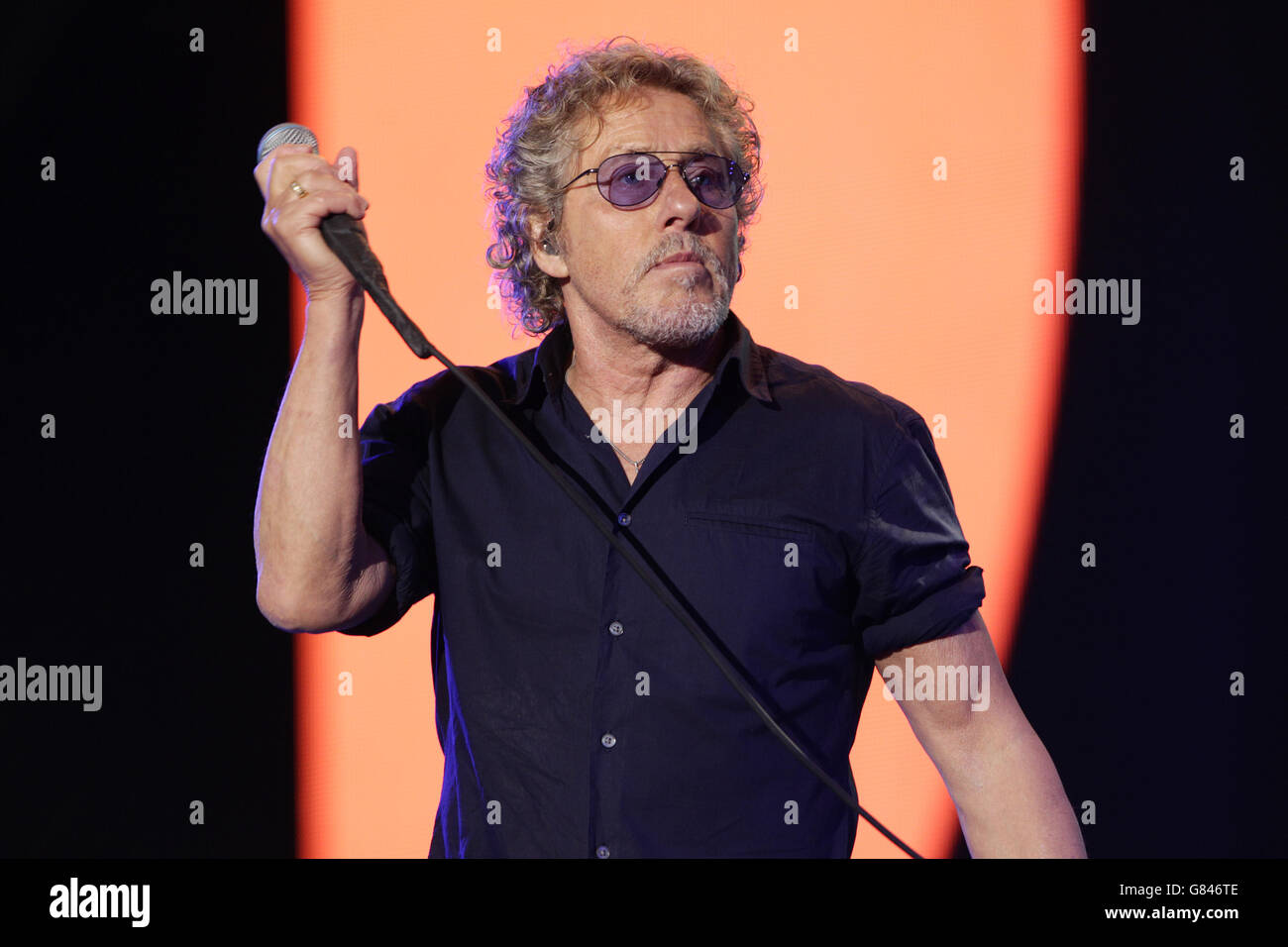 Roger Daltrey of The Who performing on The Pyramid Stage during the ...
