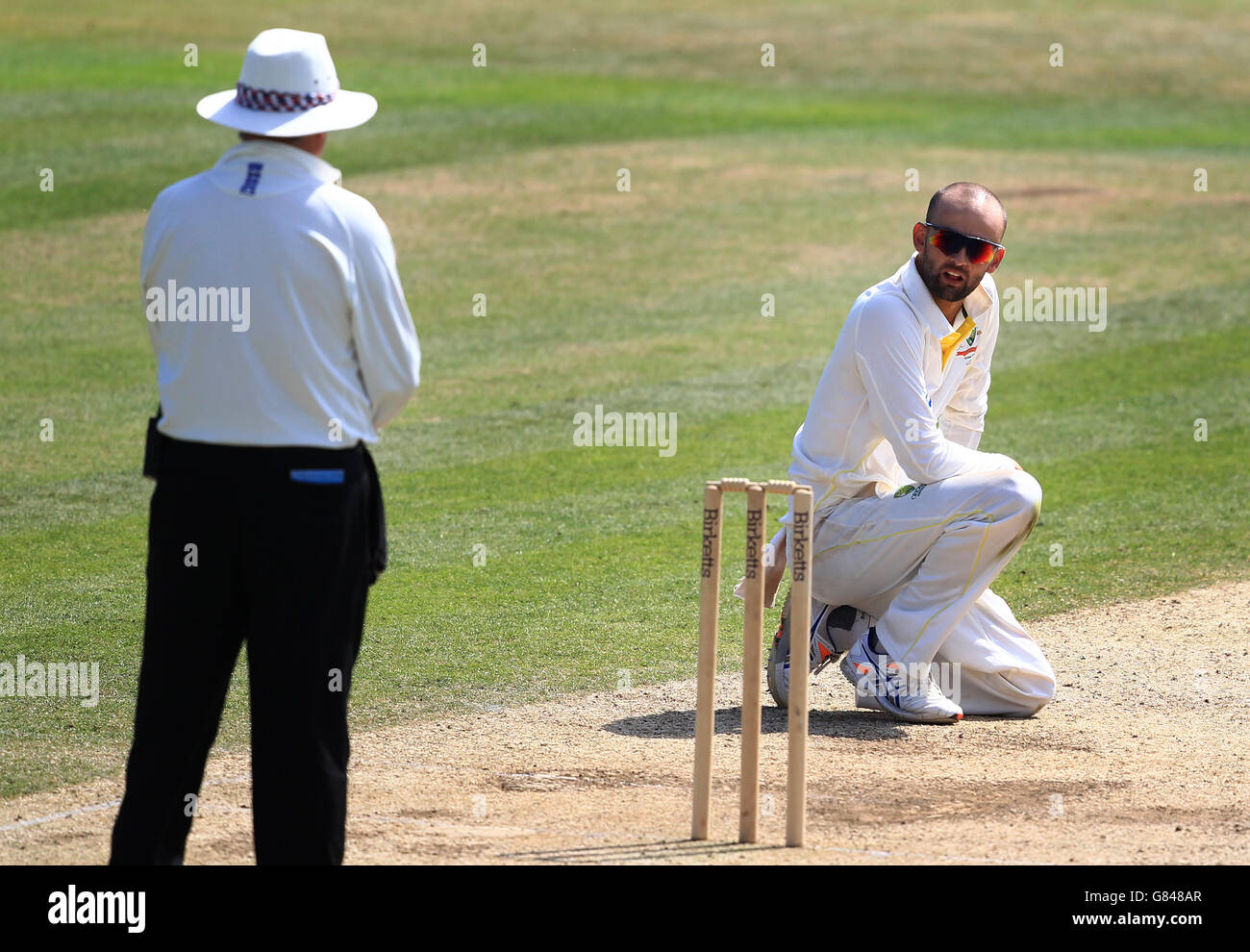 Australia's spin bowler Nathan Lyon shows his frustration as he appeals ...
