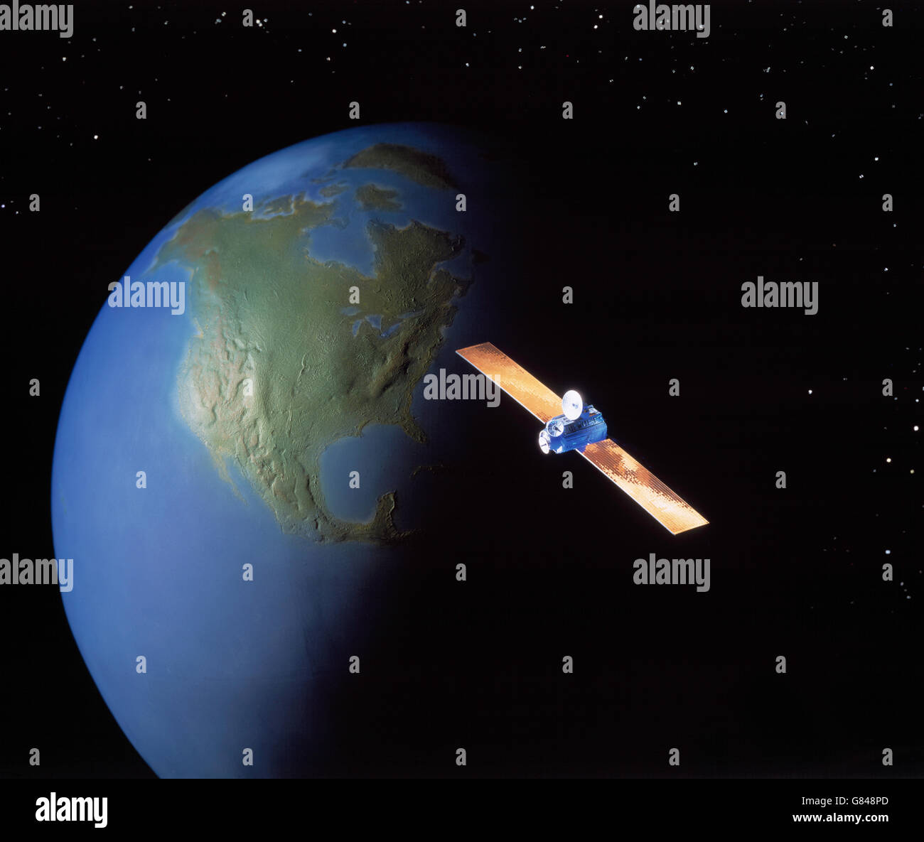 Satellite over world globe Stock Photo - Alamy