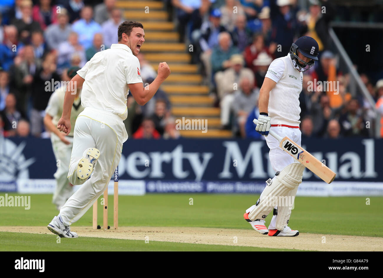 England's batsman Adam Lyth is caught by David Warner (not pictured) as ...