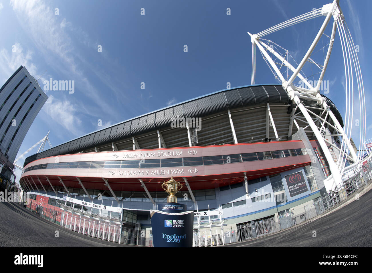 The Webb Ellis Cup is displayed outside the Millennium Stadium, Cardiff ...