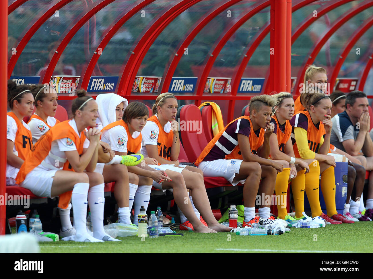 The England bench look on during the FIFA Women's World Cup Canada 2015 ...